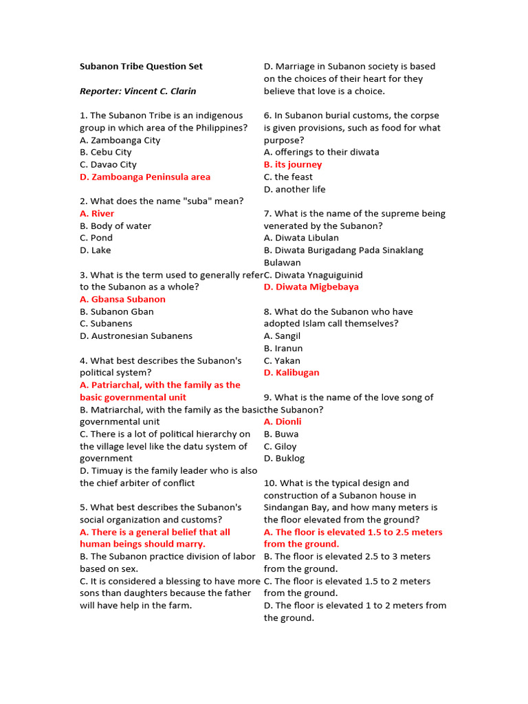 Subanon Tribe Question Set. | Download Free PDF | Philippines ...