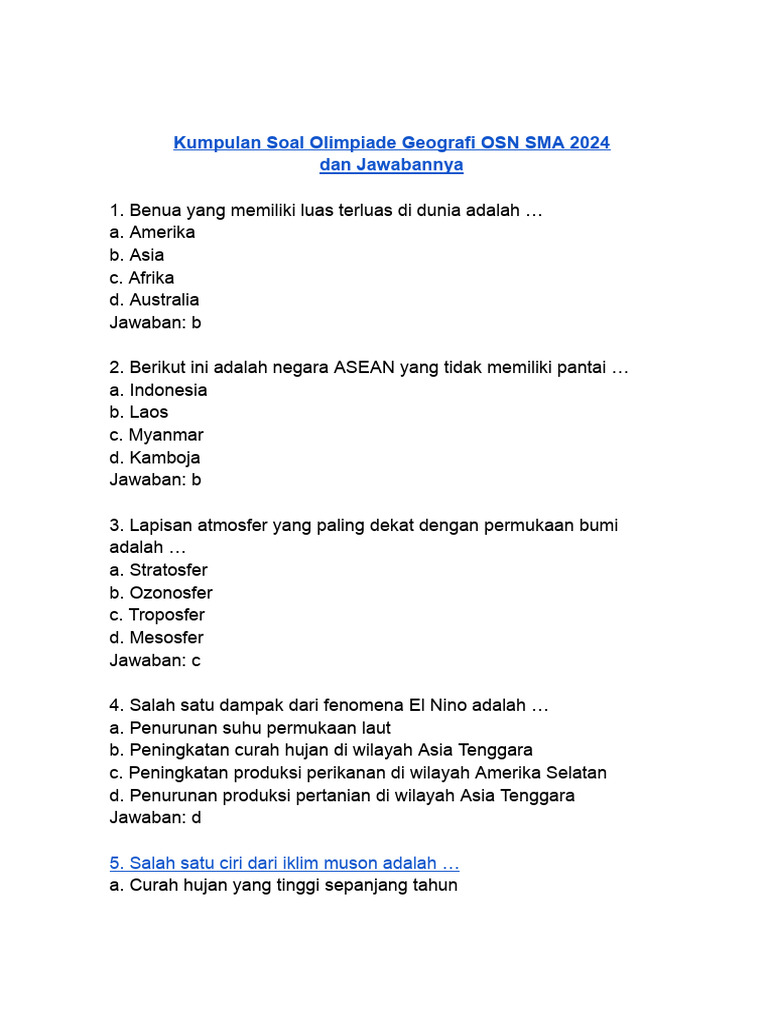 Kumpulan Soal Olimpiade Geografi OSN SMA 2024 | PDF