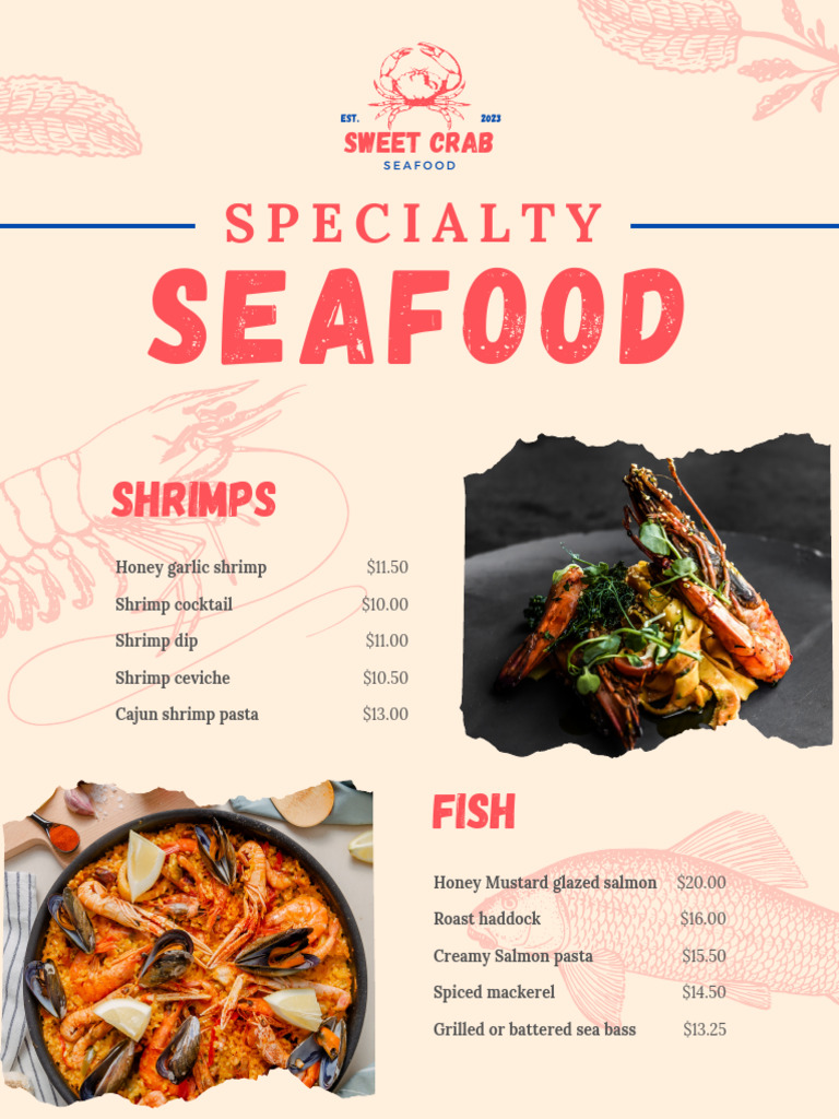 Illustrative Red and Beige Seafood Menu | PDF