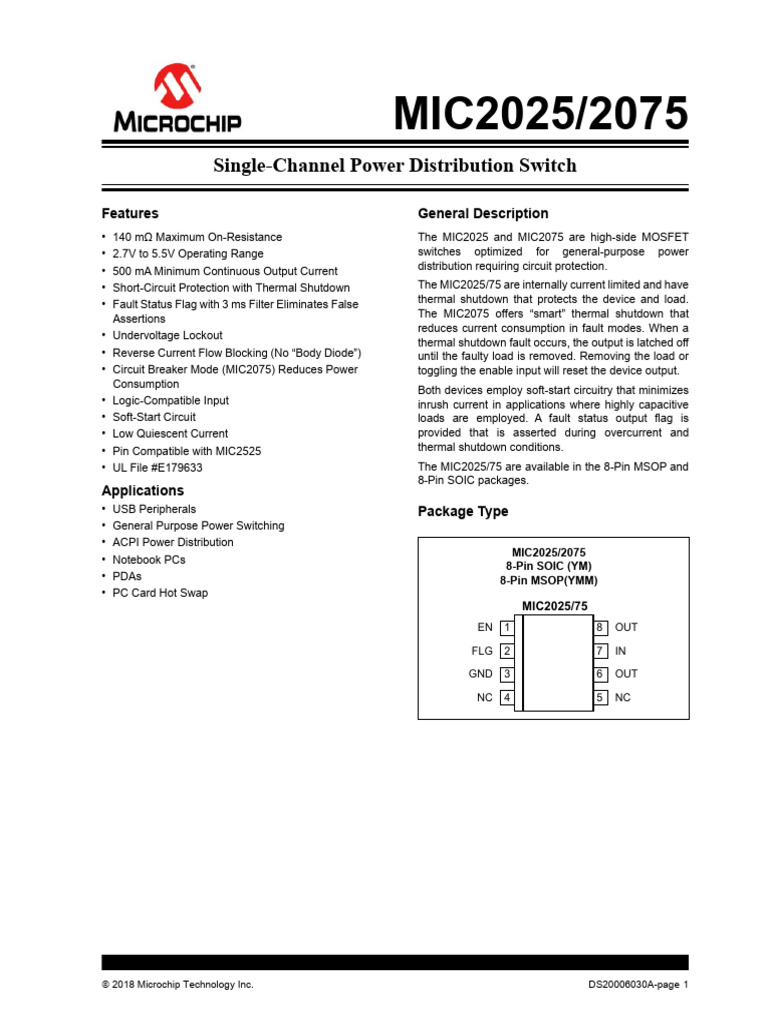 MIC2025 2075 Single Channel Power Distribution Switch DS20006030A | PDF ...