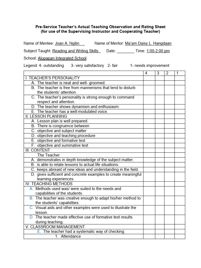 Evaluation Form | Download Free PDF | Teachers | Mentorship