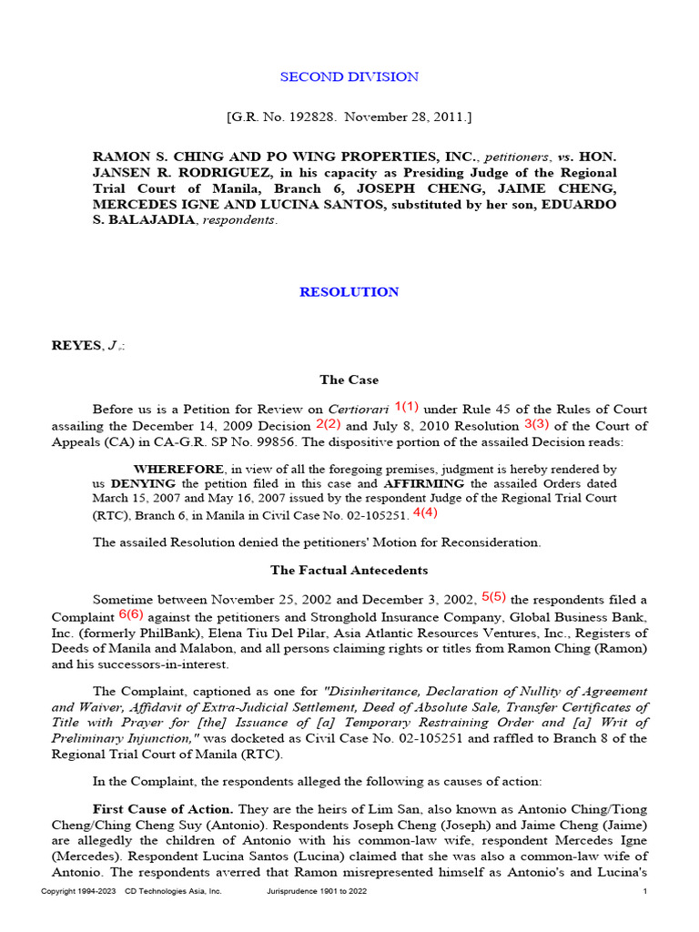 Ramon Ching and Po Wing Corporation v. Rodriguez Et Al. GR No. 192828 ...