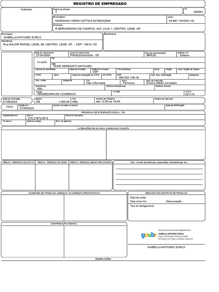 Ficha Registro Assinada | PDF | Férias trabalhistas | Trabalho