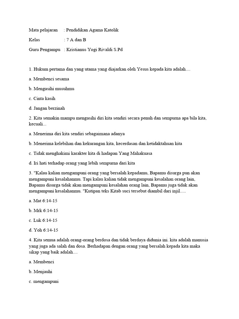 Soal PAS Agama Katolik Kelas 7 Semester 2 | PDF