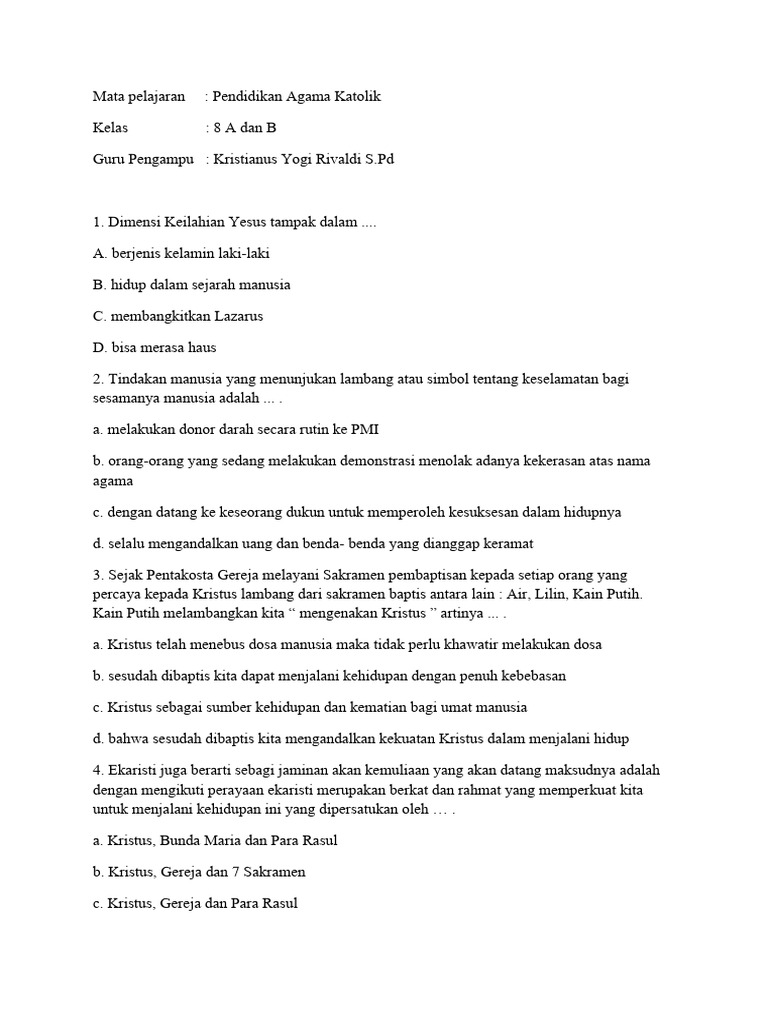 Soal PAS Agama Katolik Kelas 8 Semester 2 | PDF