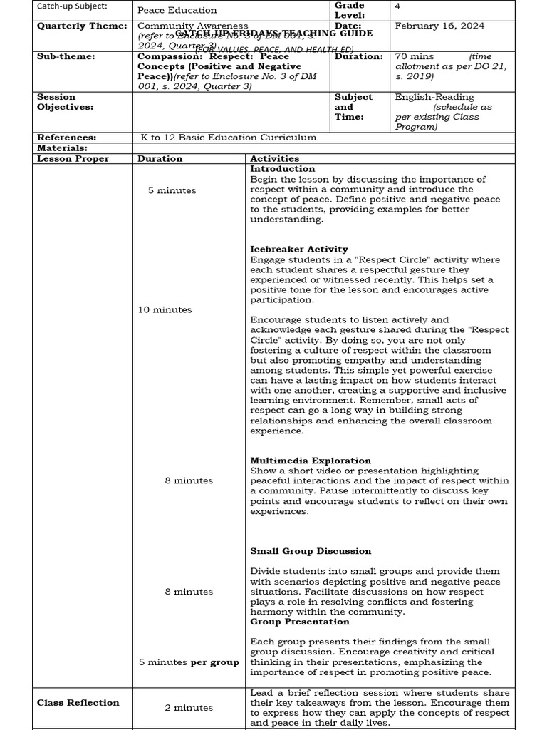 GRADE 4-Peace and Val Ed Catch-Up Plan | PDF | Peace | Learning
