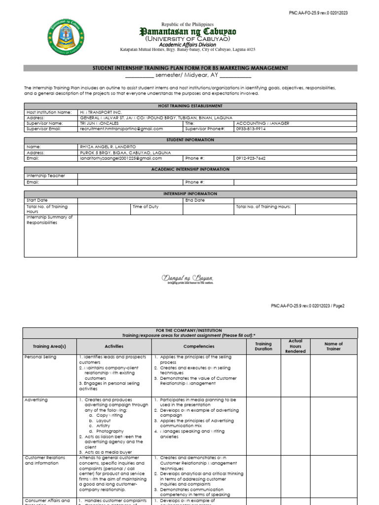 PNC AA FO 25.9 Student Internship Training Plan For BS Marketing ...