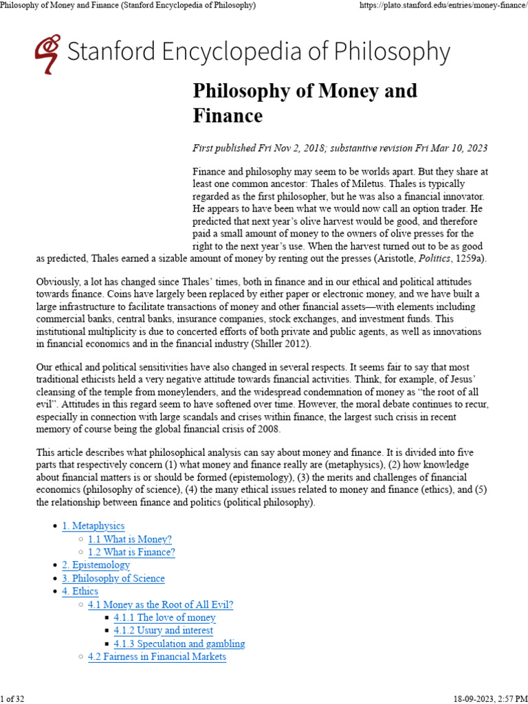 Philosophy of Money and Finance (Stanford Encyclopedia of Philosophy) | PDF | Derivative ...