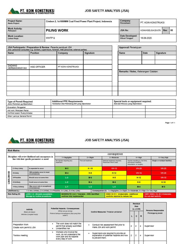 2020-076-JSA-Piling Work | PDF | Occupational Safety And Health | Risk