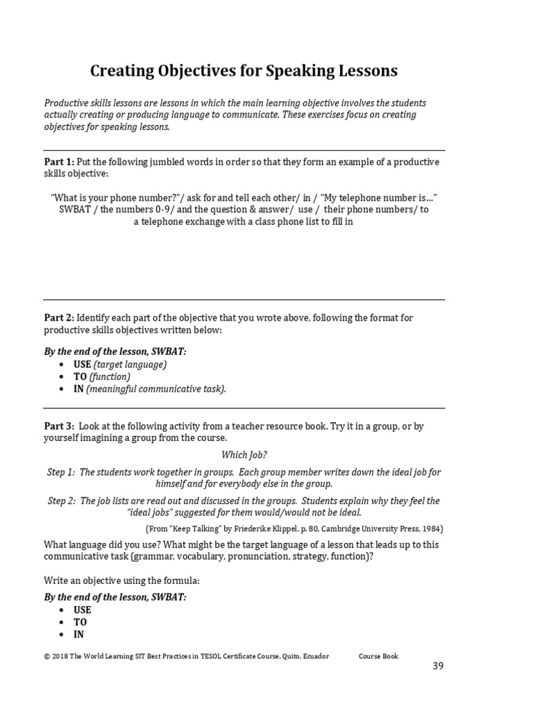 Objectives For Speaking SMART | PDF | Linguistics | Behavior Modification