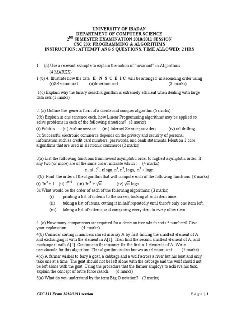 CSC 233 Exam 2010-2011 | PDF | Time Complexity | Algorithms