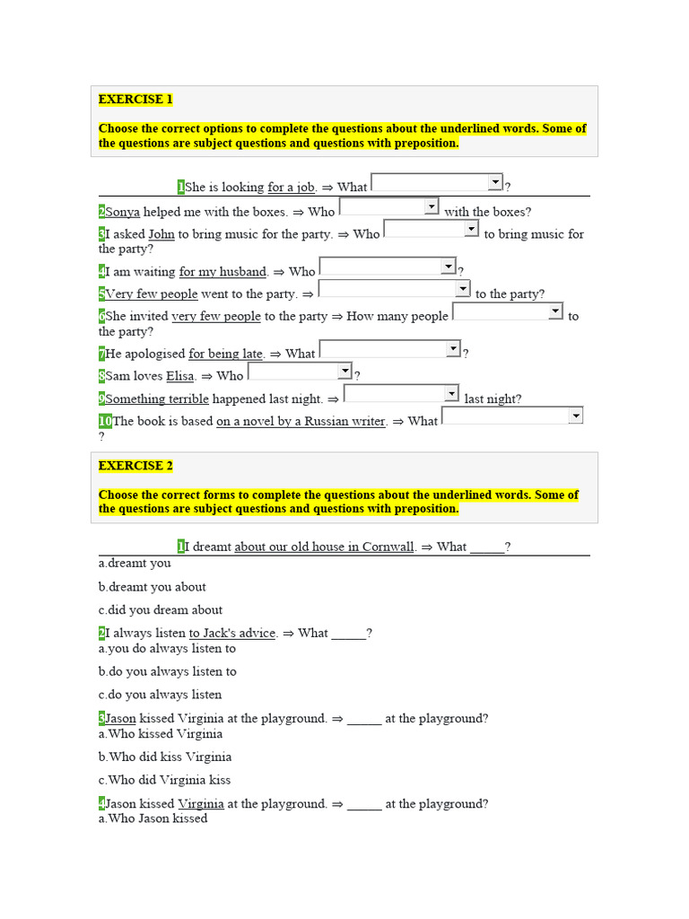 Subject and Object Questions Exercises | PDF