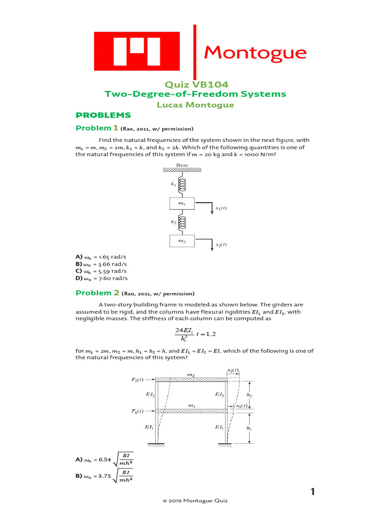 Vibration of Two Degree of Freedom Systems Solved Problems | PDF ... Vibration of Two Degree of Freedom Systems Solved Problems | PDF ...