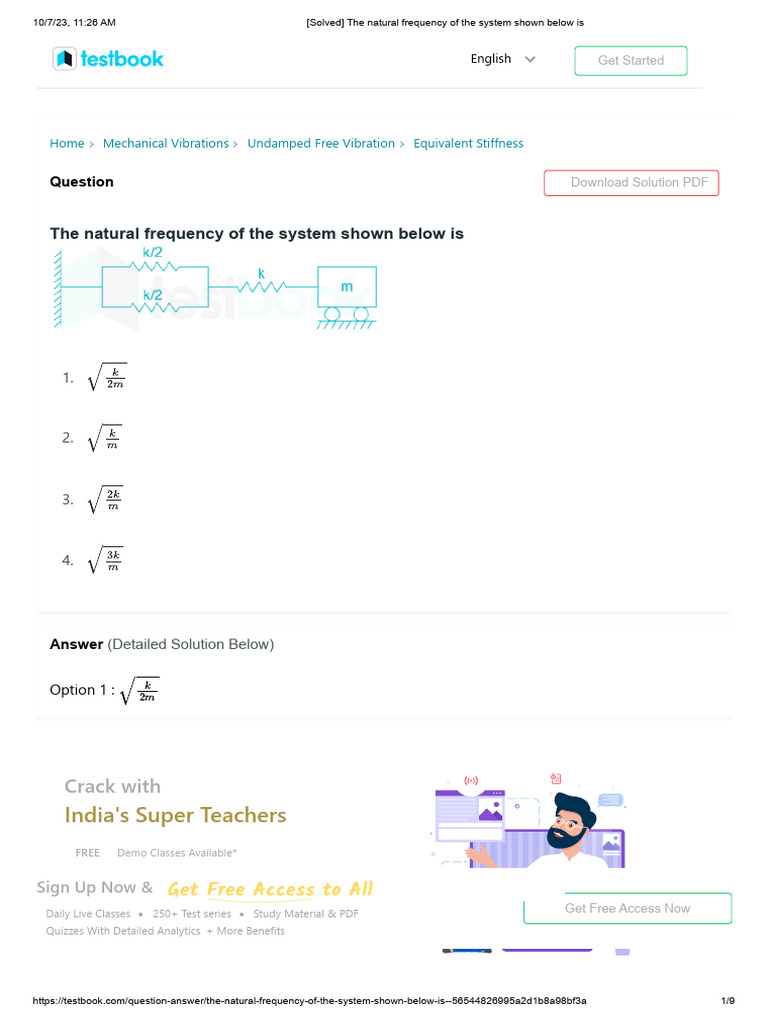 (Solved) The Natural Frequency of The System Shown Below Is | PDF | Damping | Oscillation