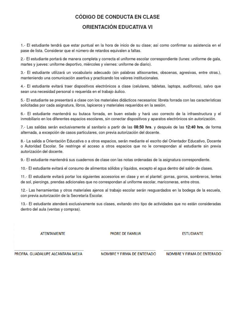 CÓDIGO DE CONDUCTA EN CLASE Orientacion | PDF