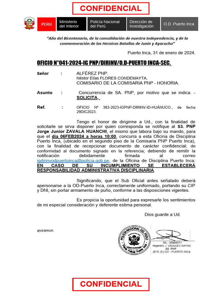 Oficio #041-24-Solicta Concurrencia de S3 PNP Zavala Huansi. | PDF