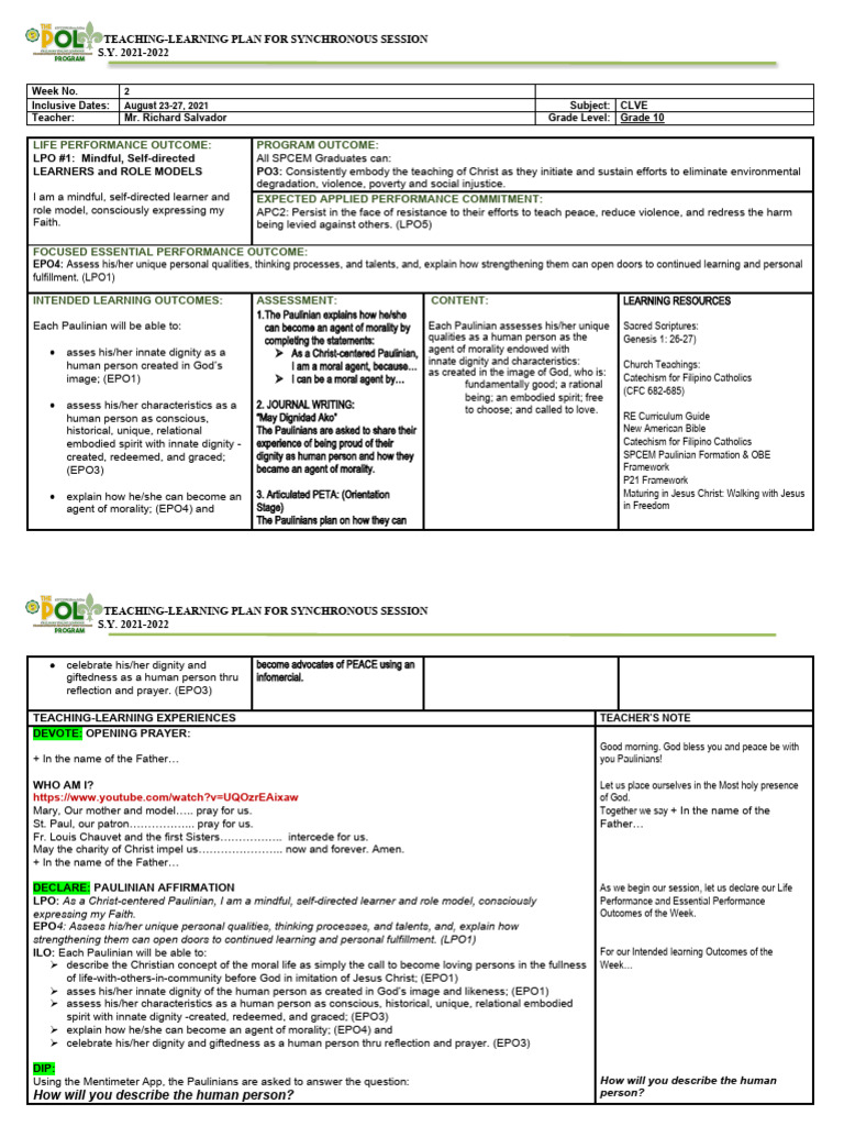 Clve-Tlp Grade 10-Week 2 | PDF | Image Of God | God