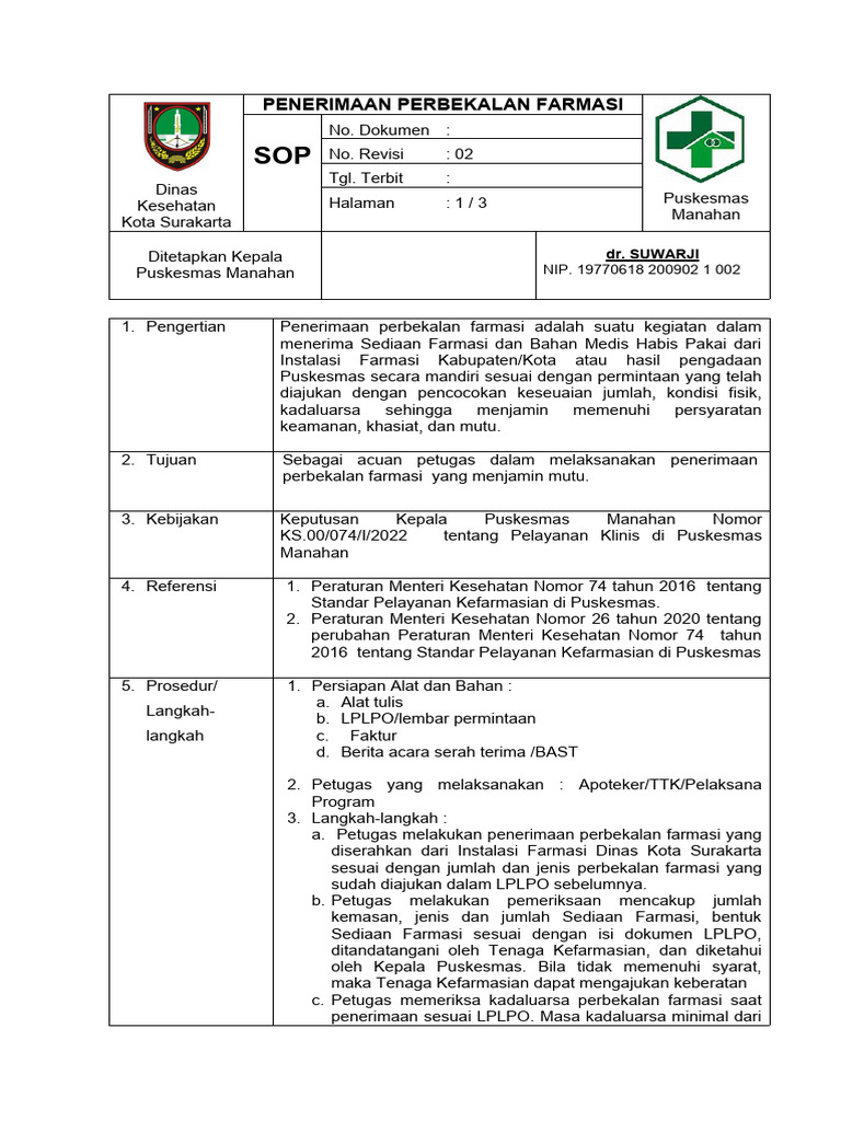 Sop Penerimaan Perbekalan Farmasi 2023 | PDF