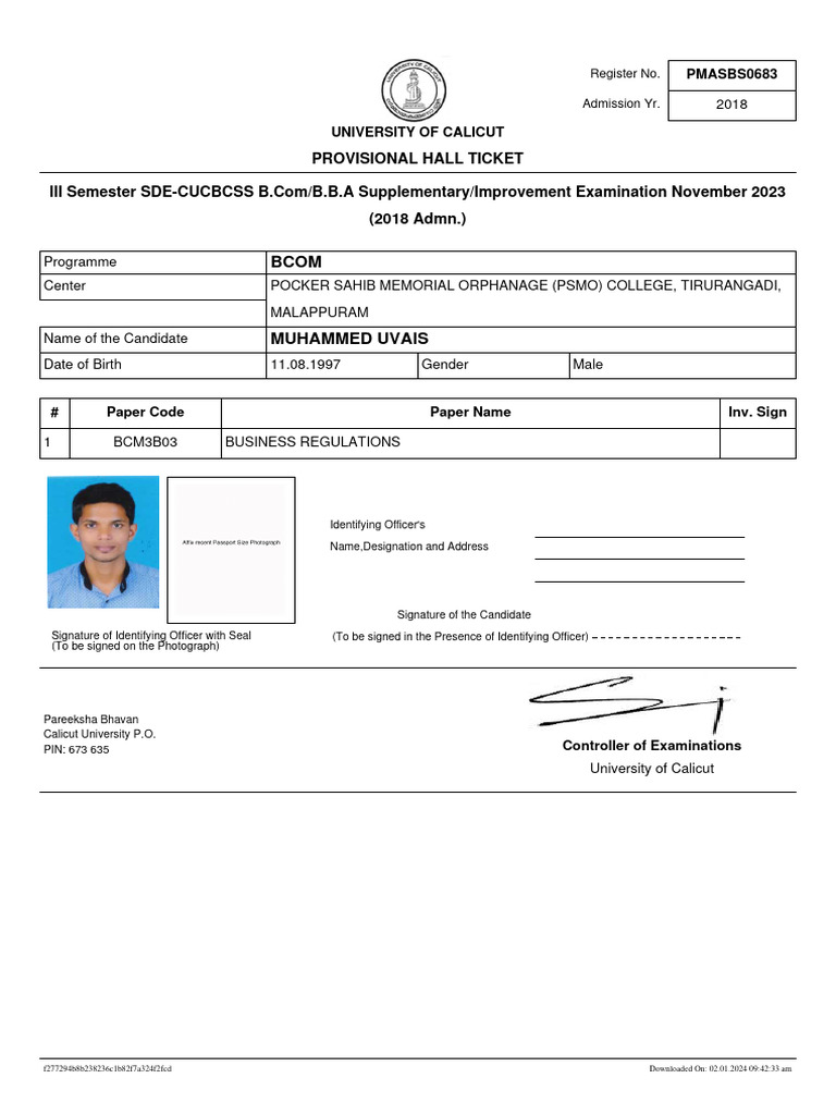 Hallticket PMASBS0683 02-01-2024 | PDF