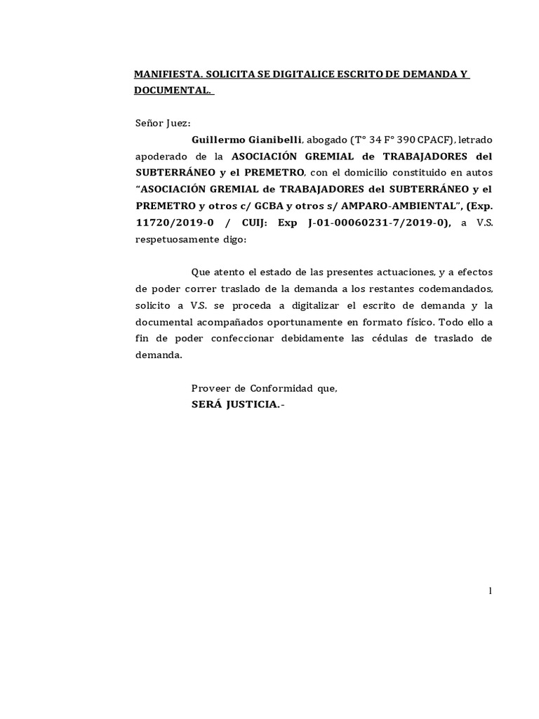 Manifiesta - Solicita Se Digitalice Escrito de Demanda y Documental Actora | PDF
