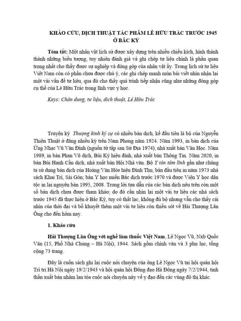 Một Vài Tư Liệu Khảo Cứu, Dịch Thuật Tác Phẩm Lê Hữu Trác Trước 1945 ở Bắc Kỳ | PDF