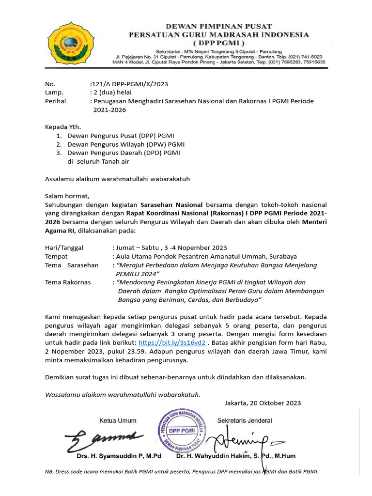121-Surat Penugasan PGMI Utk DPP-DPW-DPD | PDF