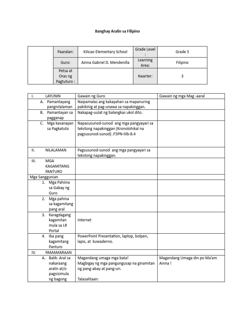 Banghay Aralin Sa Filipino 2nd Week FINAL | PDF