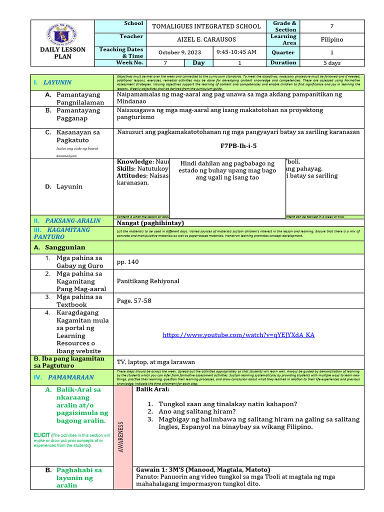Filipino 7 - Oct 9, 2023 DLP Nangat Paghihintay | PDF | Teachers | Learning