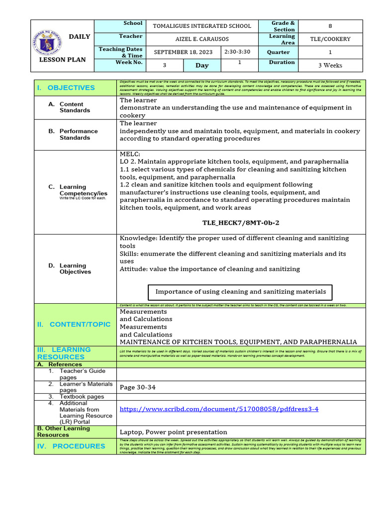 Tle 7 Cookery DLP - Sept 18, 2023 | PDF