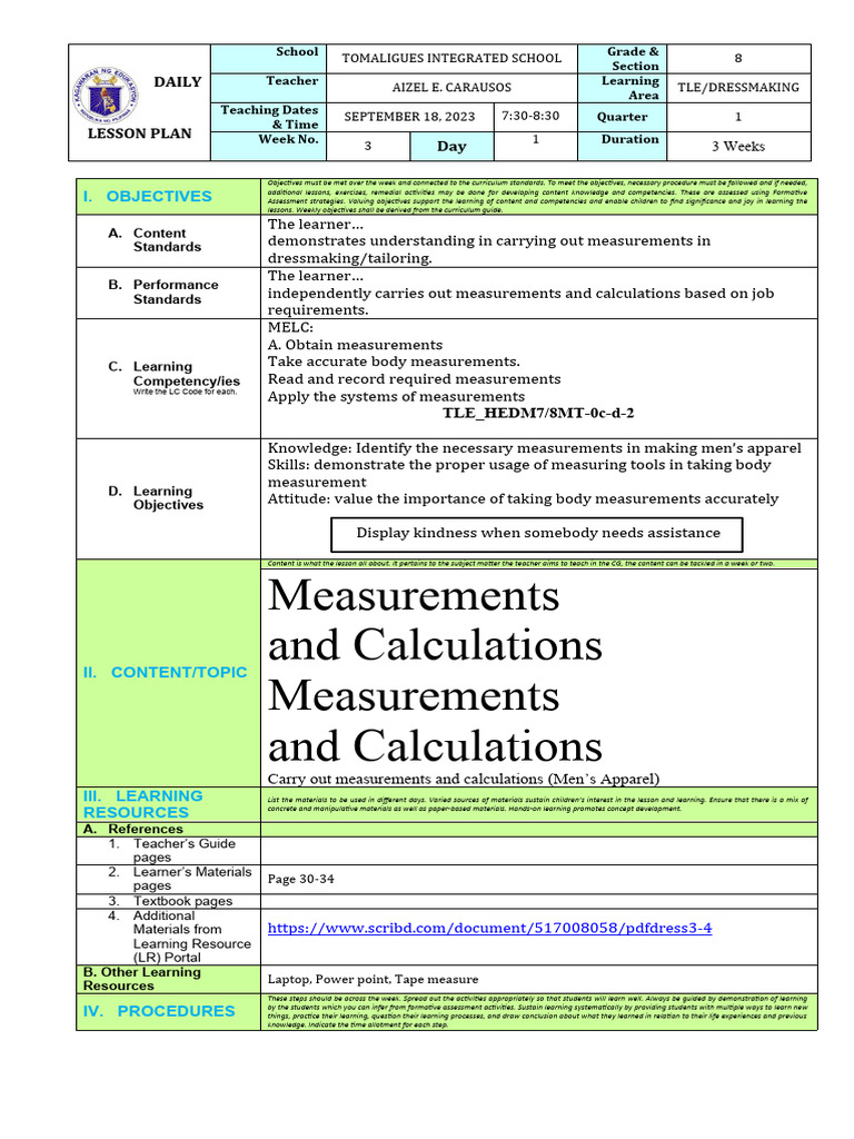 Tle 8 Dressmaking DLP - Sept 18, 2023 | PDF | Learning | Educational Assessment