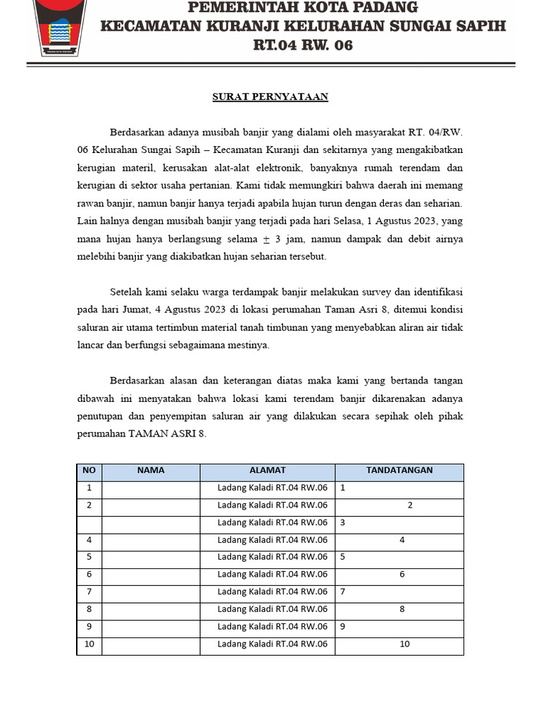 Surat Pernyataan Banjir | PDF