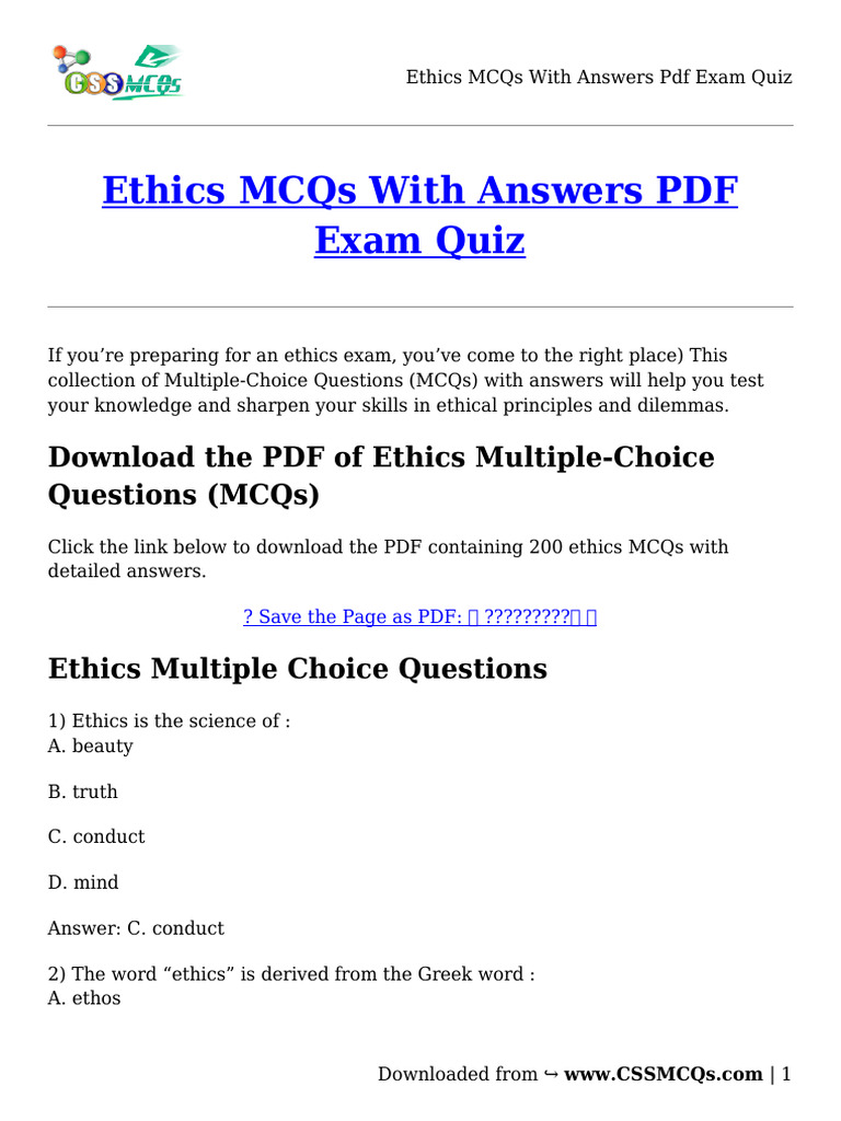 Ethics MCQs With Answers PDF Exam Quiz | PDF | Hedonism | Pleasure