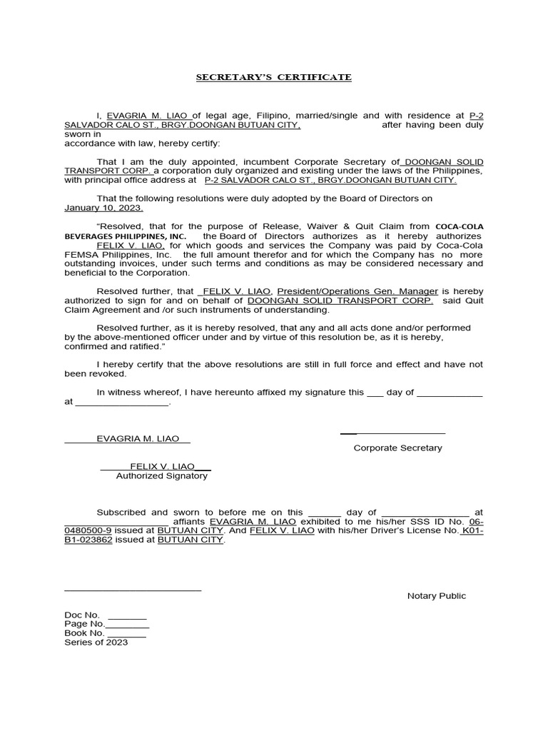6 PFC Secretary's Certificate Format | PDF | Government | Document