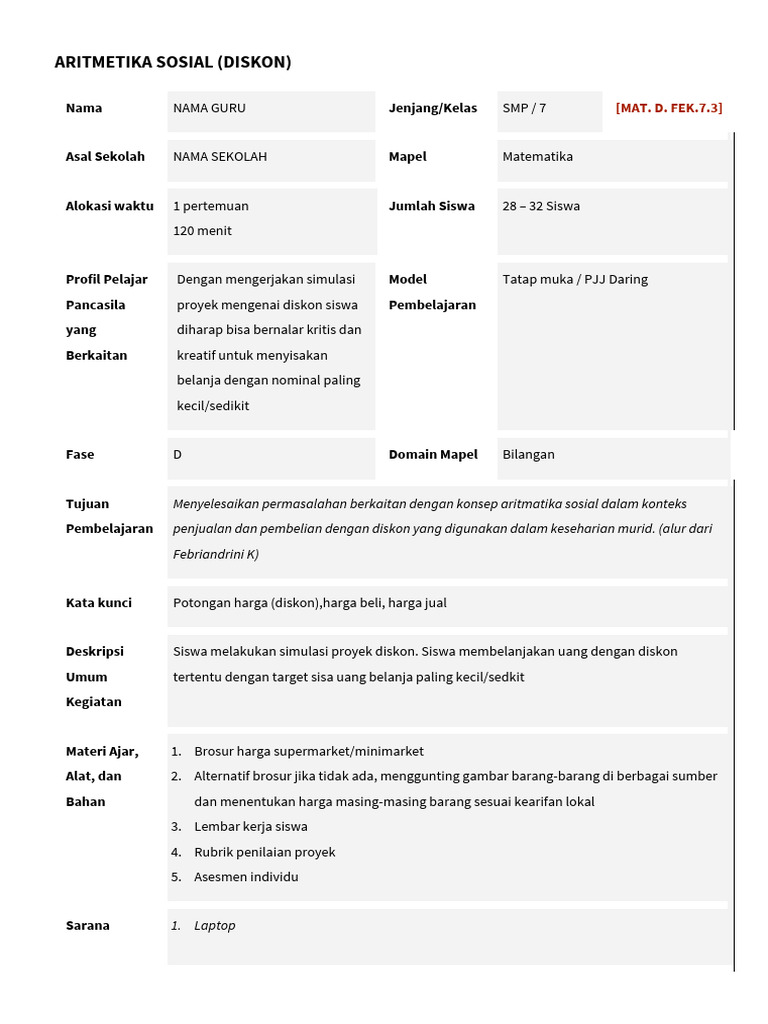 MODUL AJAR - Potongan Harga (Diskon), Harga Beli, Harga Jual | PDF