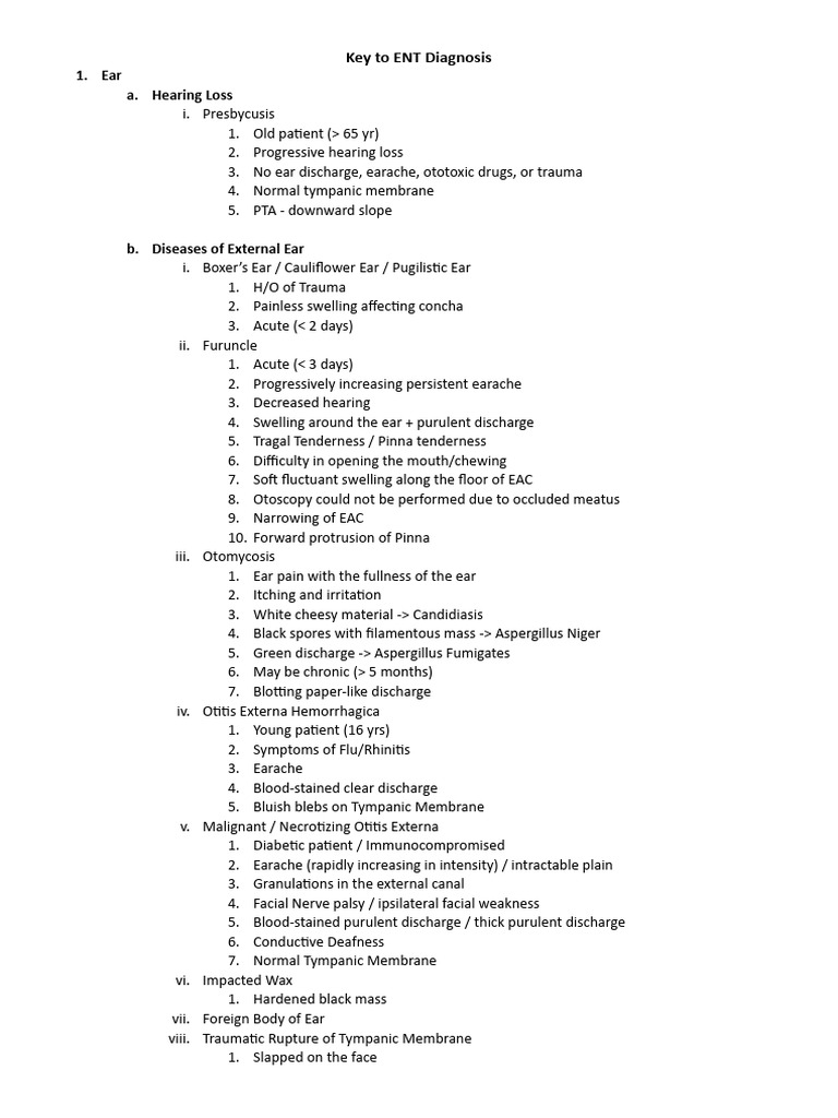 ENT Diagnosis: Key Conditions Explained | PDF | Ear | Human Nose