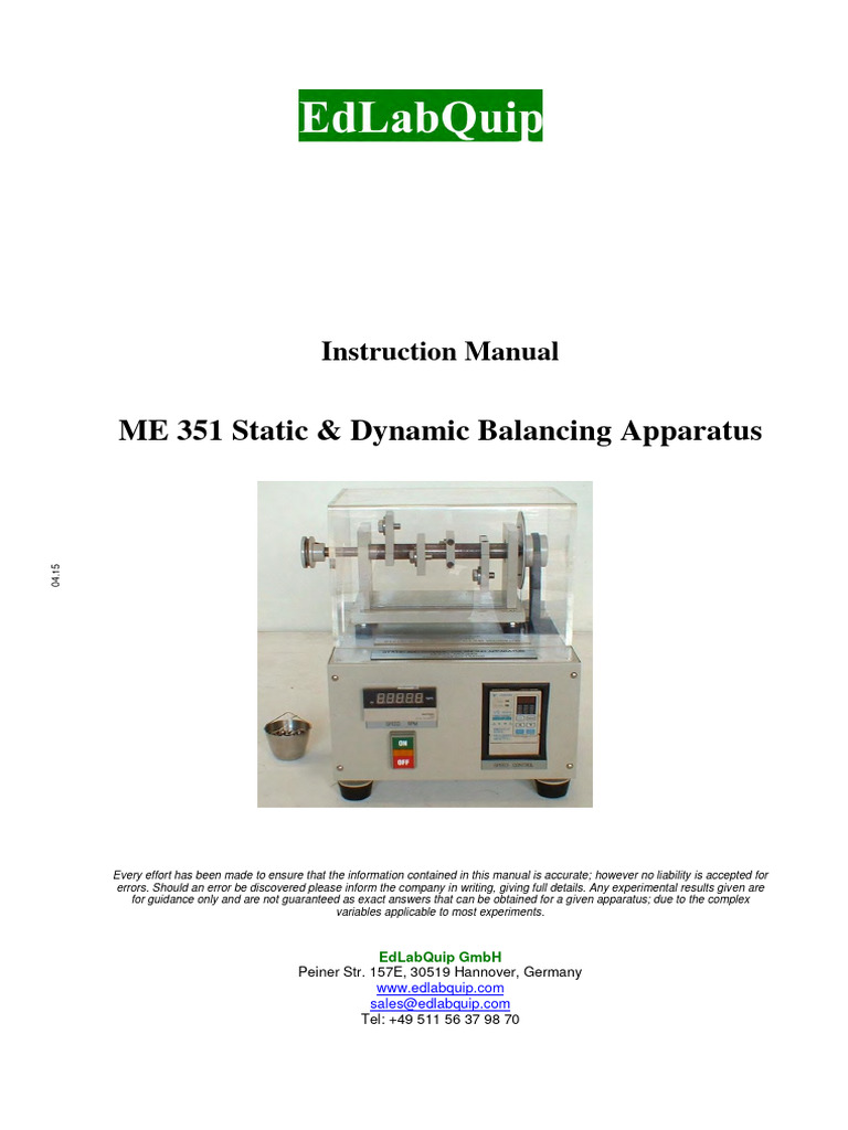 ME 351 Static and Dynamic Balancing Apparatus - EdLabQuip 15-04 ...