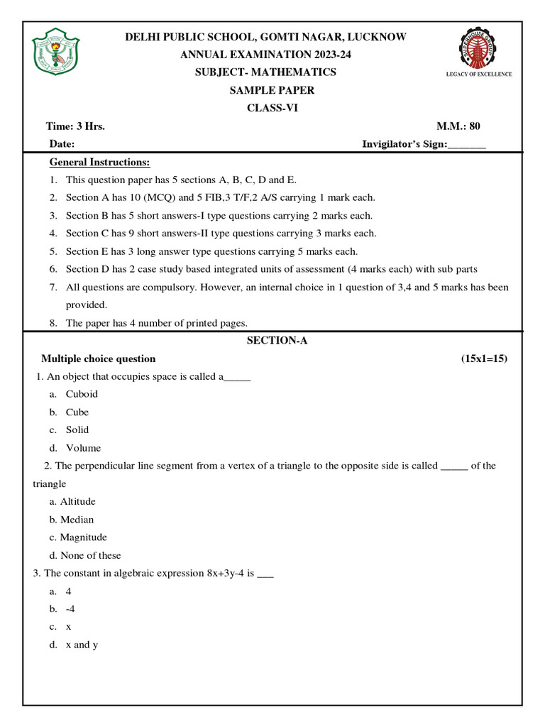 Annual Sample Paper Mathematics Vi Pdf Multiple Choice Elementary Geometry
