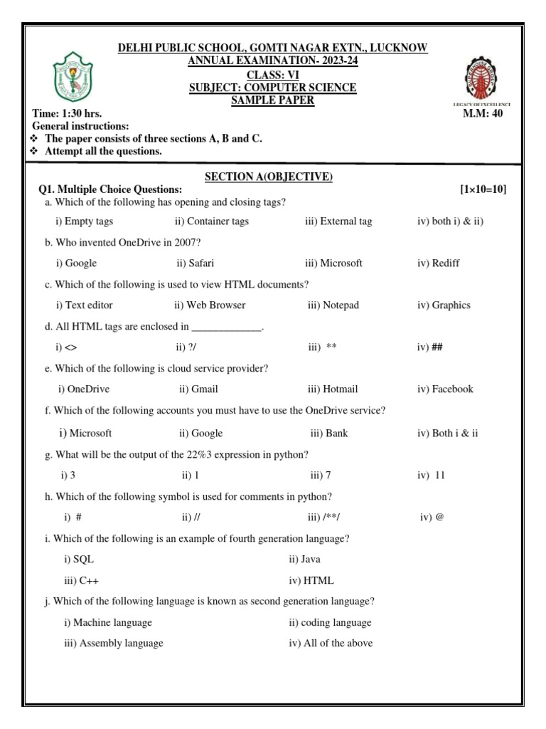 Class 6 Sample Paper II Annuals | PDF | Html Element | Html