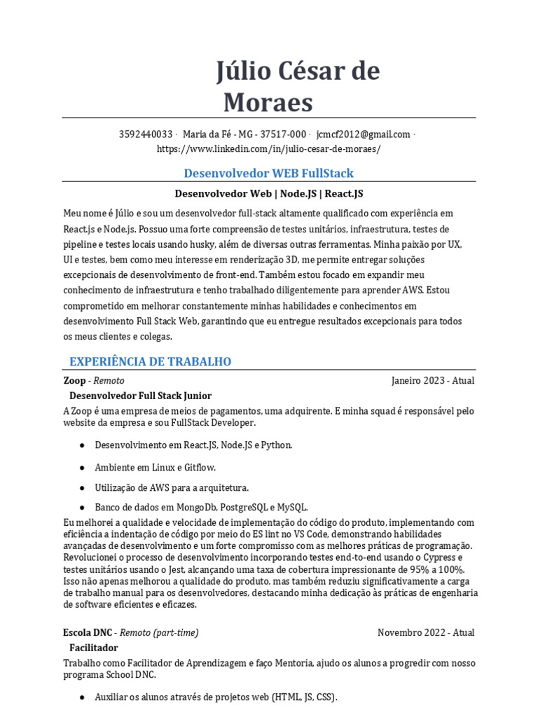 CV Português Júlio | PDF | Script Java | Postgre SQL