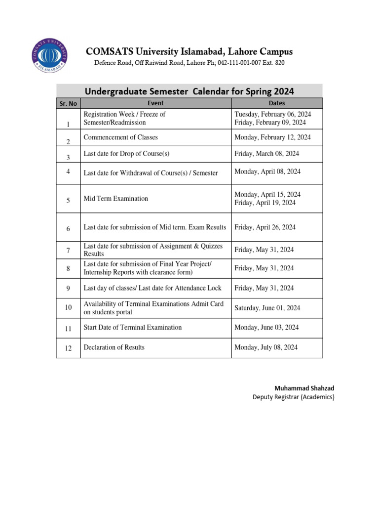 COMSATS Spring 2024 Semester Schedule | PDF