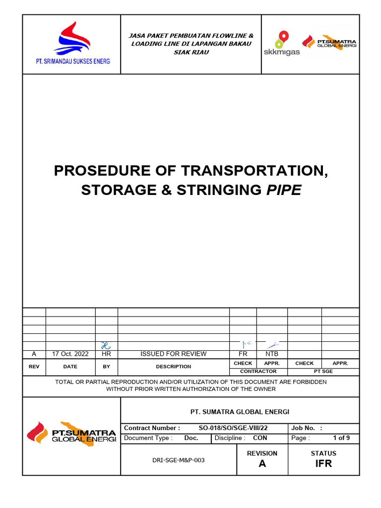 DRI-SGE-M&P-003 Procedure of Transportation, Storage & Stringging Pipe | PDF