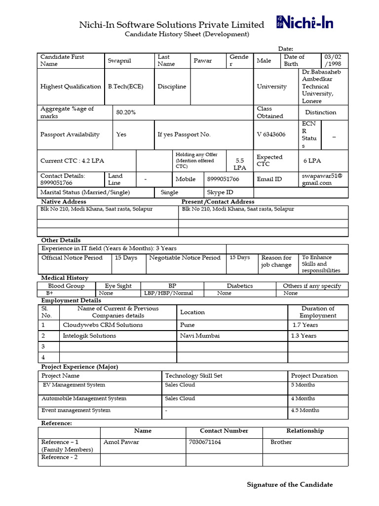 History Sheet-Development - Nichi-In | PDF
