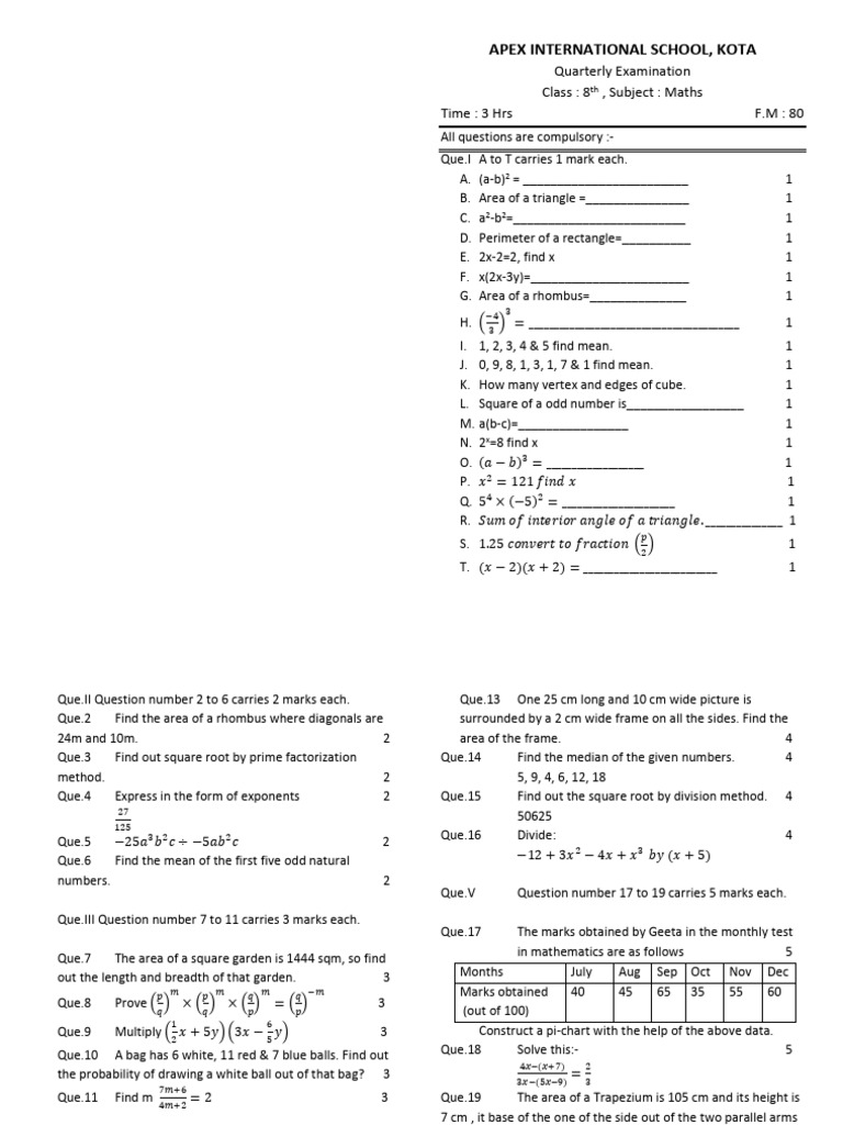 Class 8 Maths Quarterly Exam Paper | PDF | Mathematics | Elementary ...