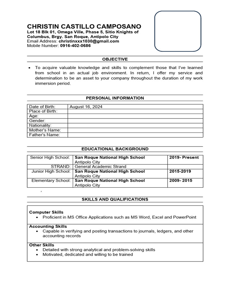 Work Immersion Resume Template | PDF