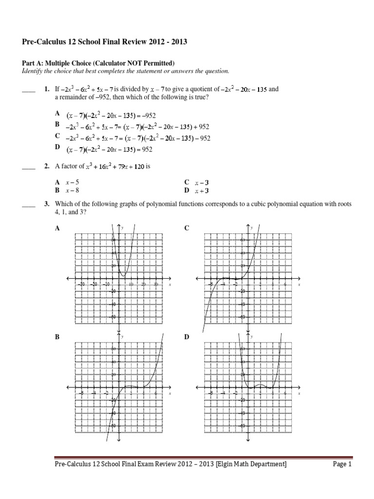 Pre-Calculus 12 School Final Exam Review 2012-2013 | PDF | Ph | Mathematics