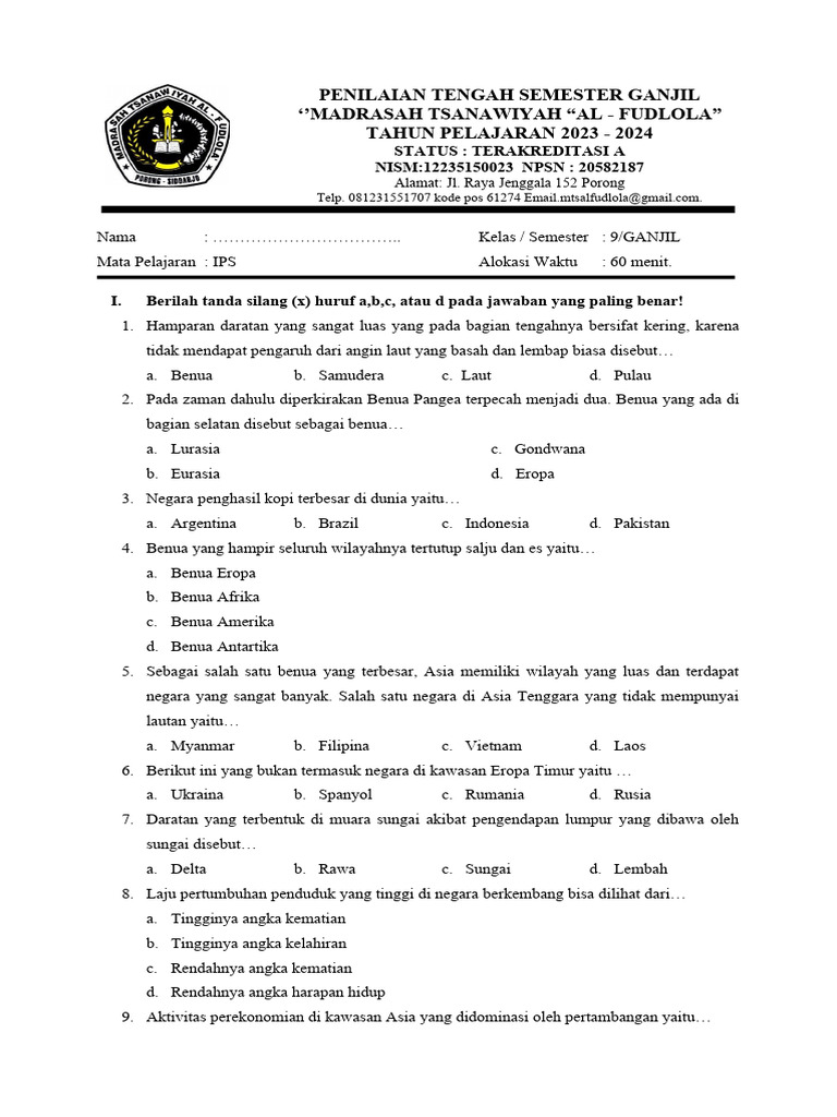 Soal Pts Ganjil SMT Ips Kls 9-2023-2024 | PDF