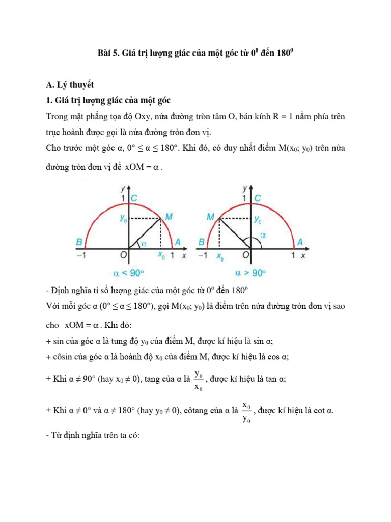 Gia Tri Luong Giac Cua Mot Goc Tu 0 Den 180 Ly Thuyet Bai Tap Toan | PDF