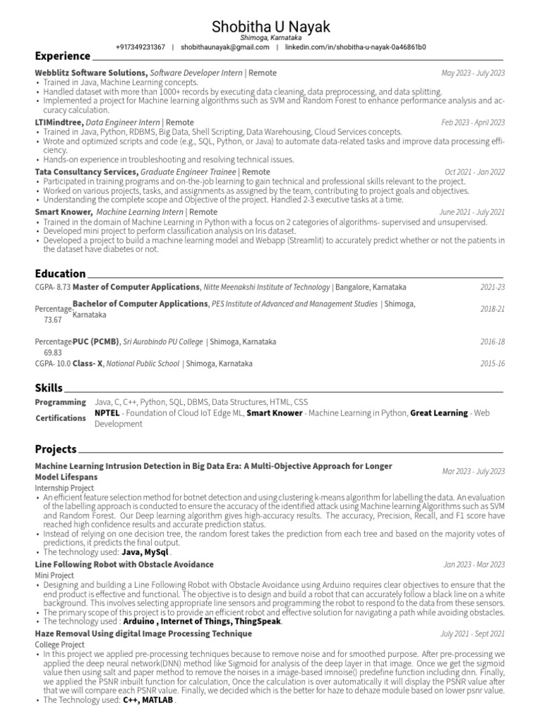 Shobitha-U-Nayak Resume | PDF | Machine Learning | Internet Of Things