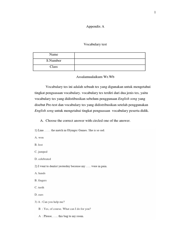 Vocabulary Test | PDF | Plural | Linguistic Morphology