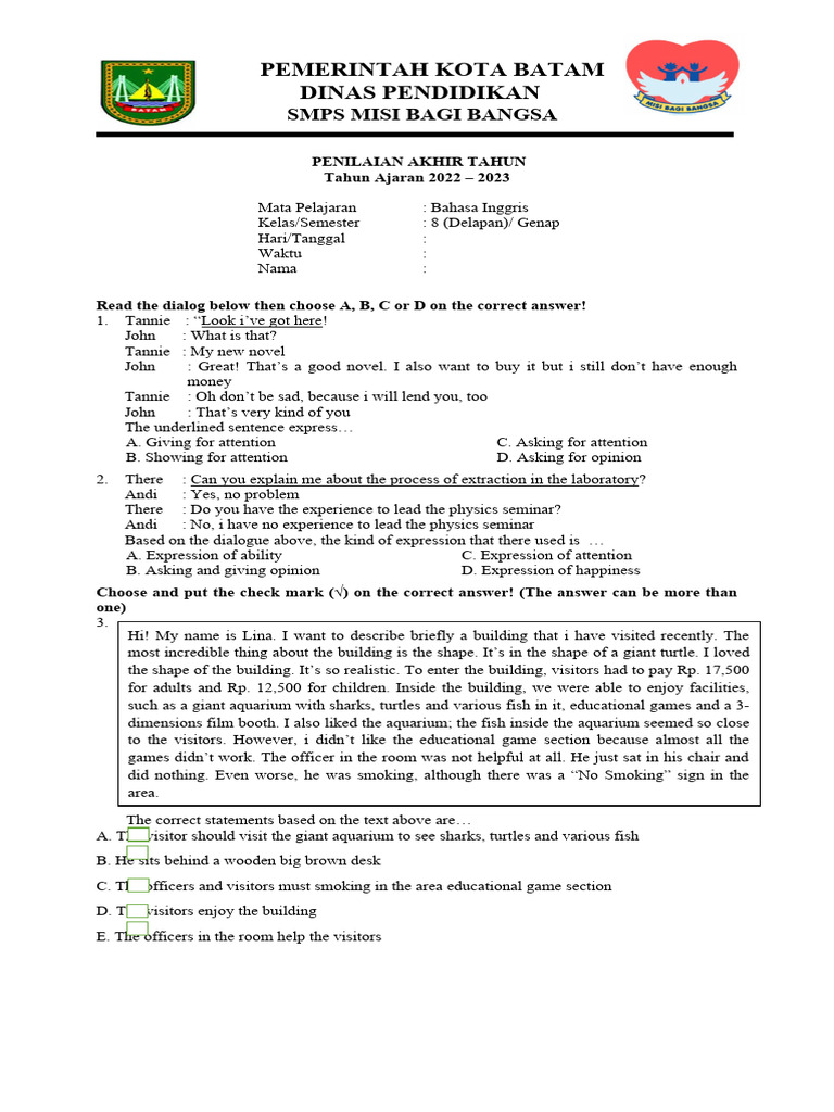 Pas B Inggris Kls 8 Sem Genap 2022 2023 Ok Pdf Narrative